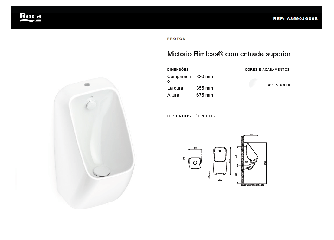 Mictório Proton Square Rimless A3590JG00B Branco Roca - Casa Mimosa